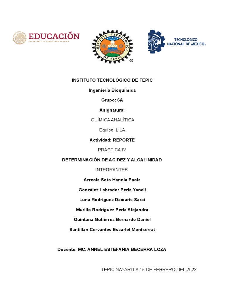 Reporte P R A C T I C A Iv Determinación de Acidez y Alcalinidad | PDF | Valoración | Química