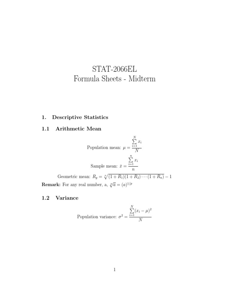 Midterm Formula Sheets for Statistics | PDF | Variance | Mean