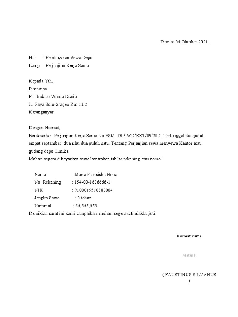 Tagihan Pembayaran Sewa Depo | PDF