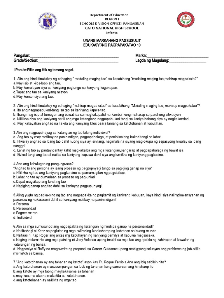 Grade 10 Esp First Quarter Exam | PDF