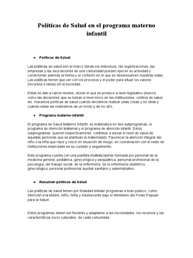 Politicas de Salud Del Programa Materno Infantil | PDF | Planificación ...