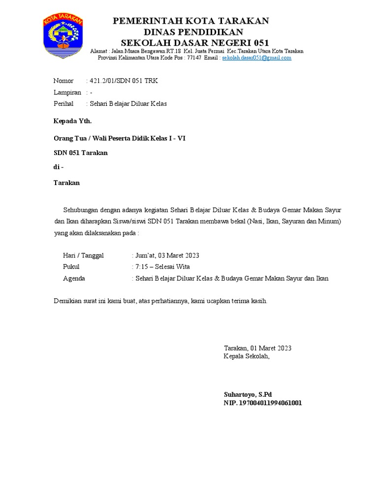 Pemberitahuan Kegiatan Belajar Luar Kelas | PDF