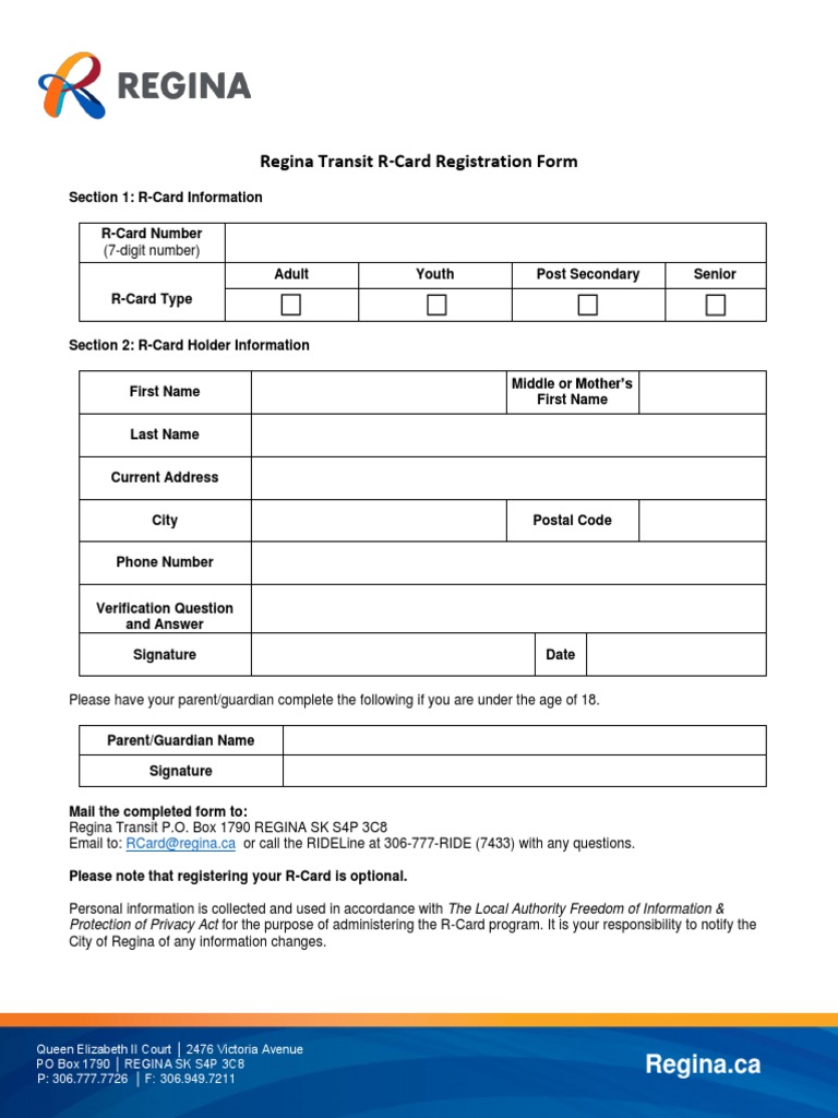 Regina Transit R-Card Registration Form | PDF