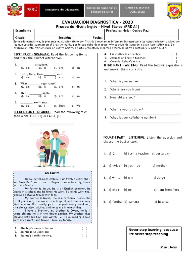 Evaluación Diagnóstica Inglés Básico 2023 | PDF