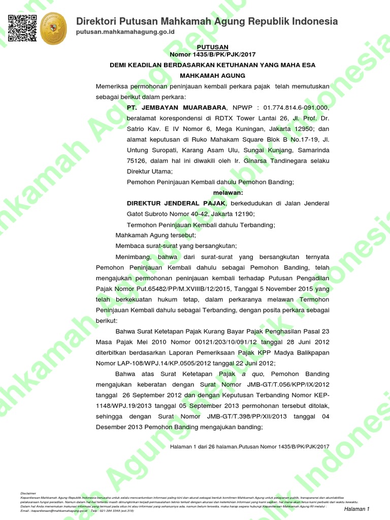 Audit Pajak - PT. JEMBAYAN MUARABARA Putusan - 1435 - B - PK - PJK ...