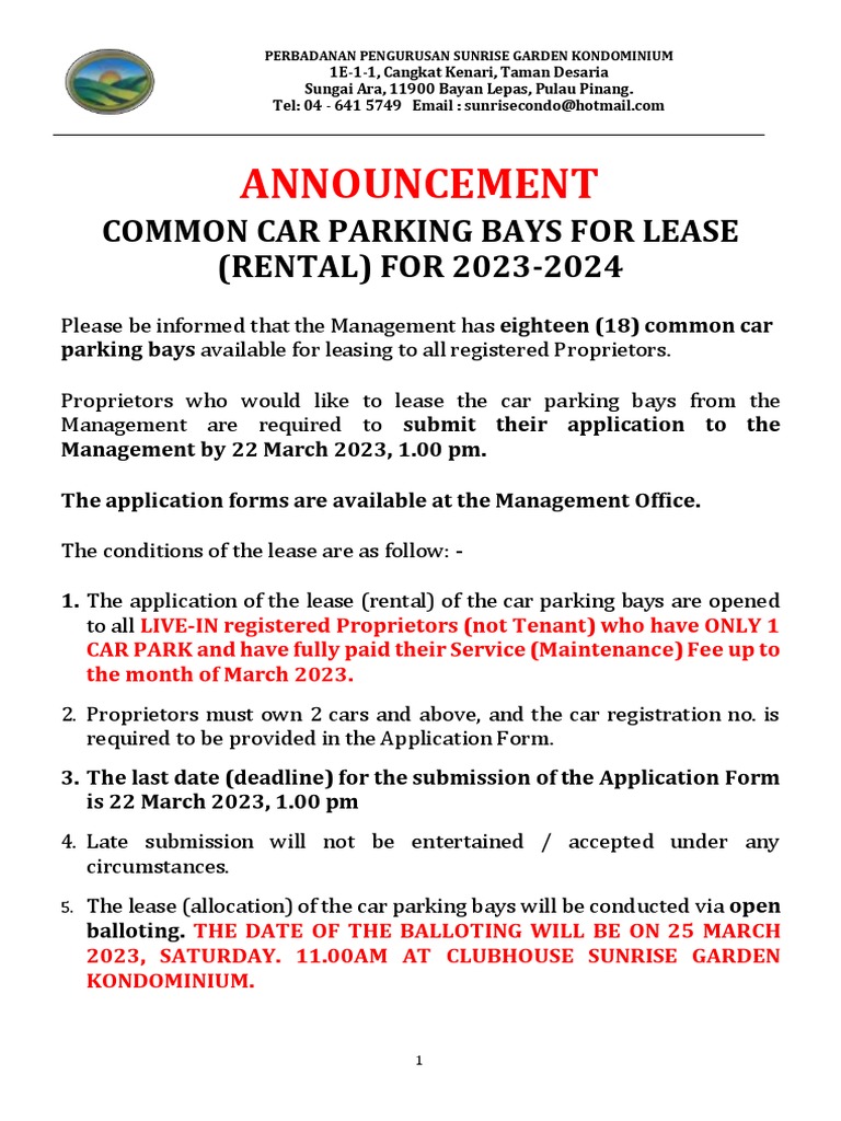 Notice - Car Park Rental 2023 PDF | PDF | Lease | Condominium