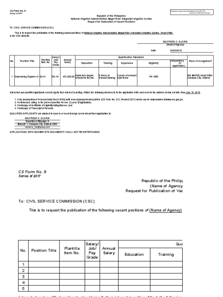 CSC Notice of Vacancy New Form (Supervising Engineer-A SG-18) | PDF