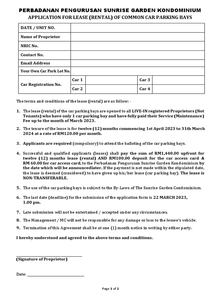 Application Form.Car Park Rental 2023.pdf | PDF | Lease | Renting