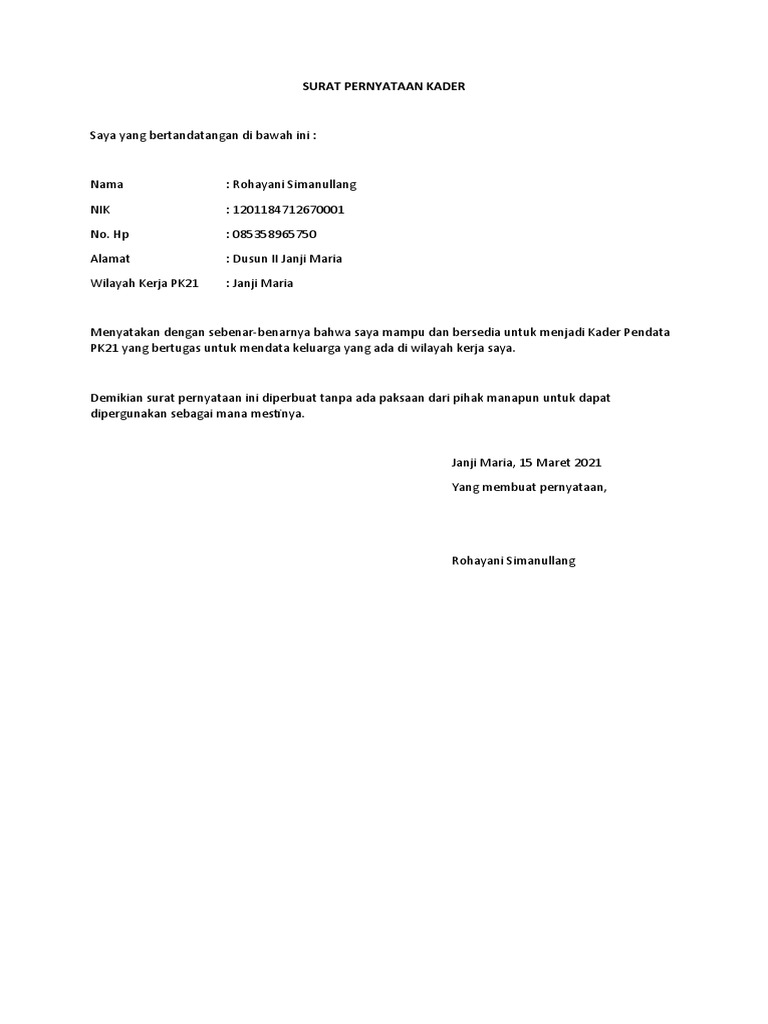 Surat Pernyataan Kader | PDF