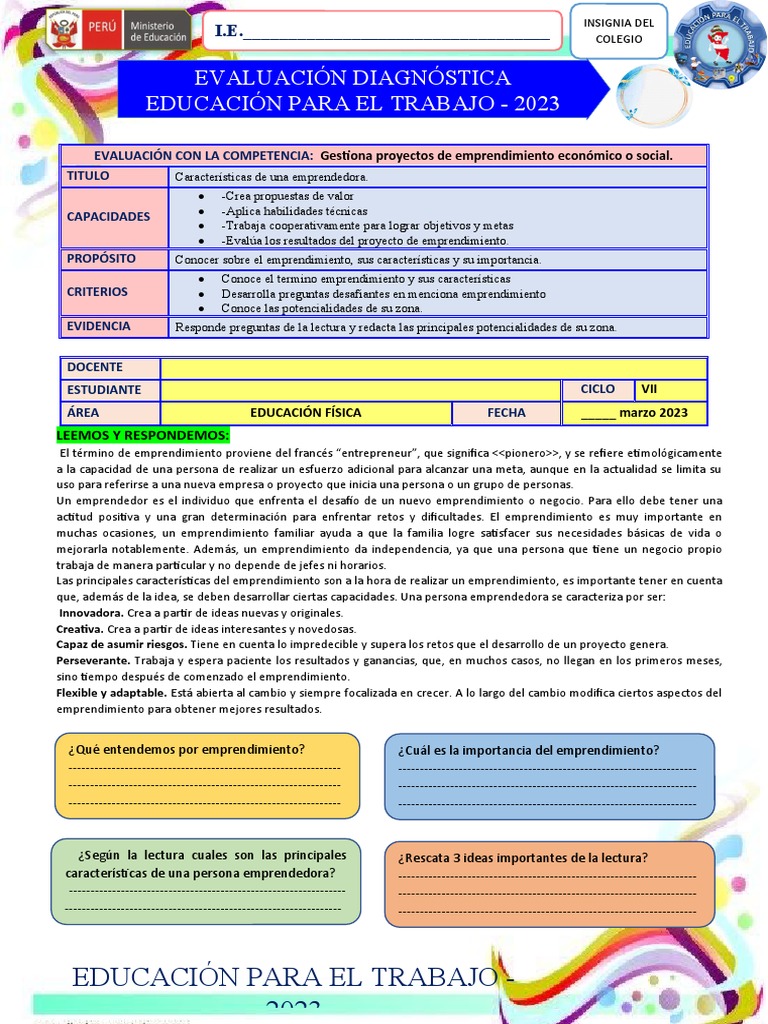 Ept 1° 2° - Evaluación Diagnóstica 2023 | PDF | Iniciativa empresarial | Evaluación