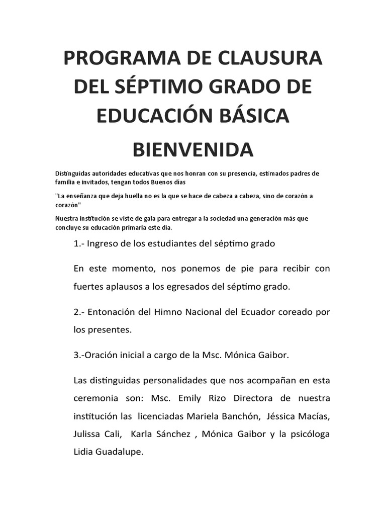 Programa de Clausura Del Séptimo Grado de Educación Básica Bienvenida | PDF