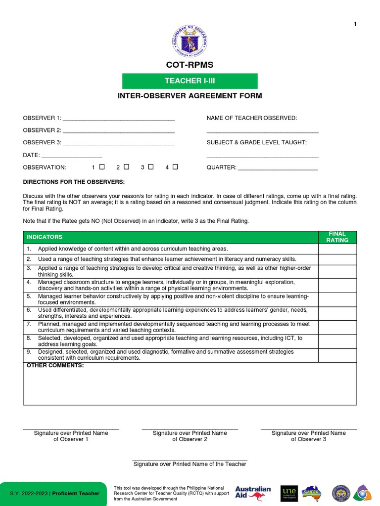 Appendix C 09 COT RPMS Inter Observer Agreement Form For T I III For SY ...