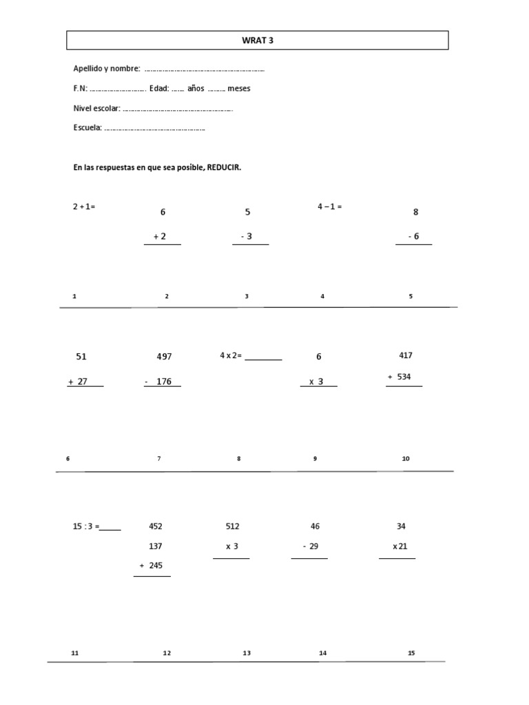 Evaluación WRAT 3: Resultados y Observaciones | PDF