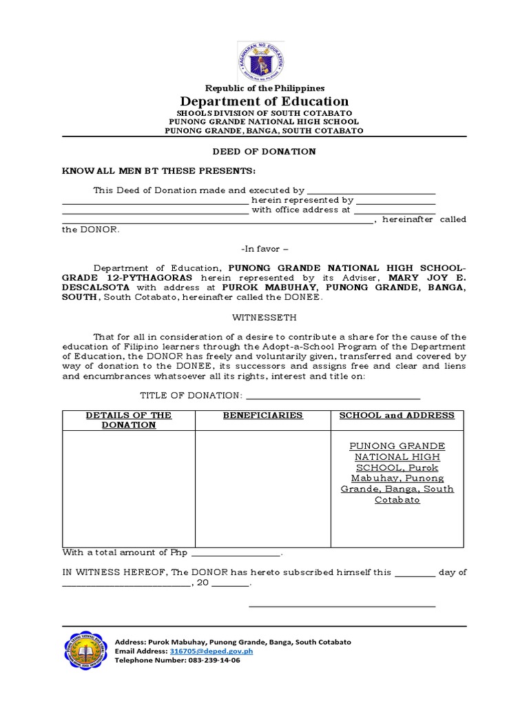 PGNHS - Official Template For DEED OF DONATION | PDF | Natural ...