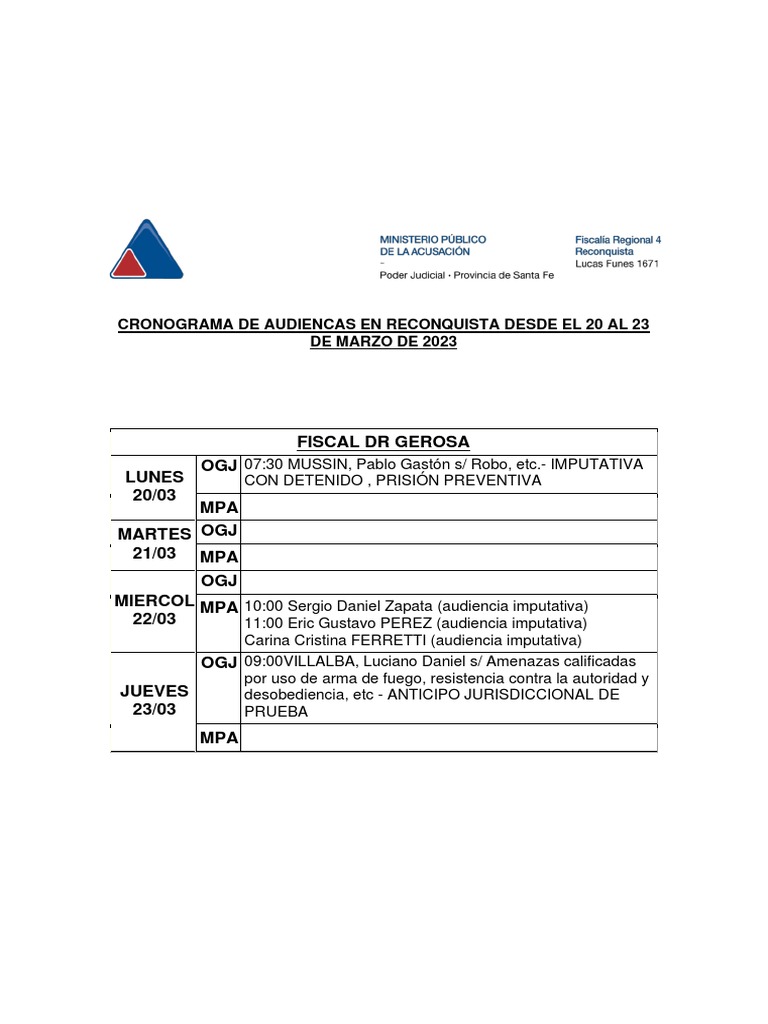 Cronograma de Audiencas en Reconquista Desde El 20 Al 23 de Marzo de ...