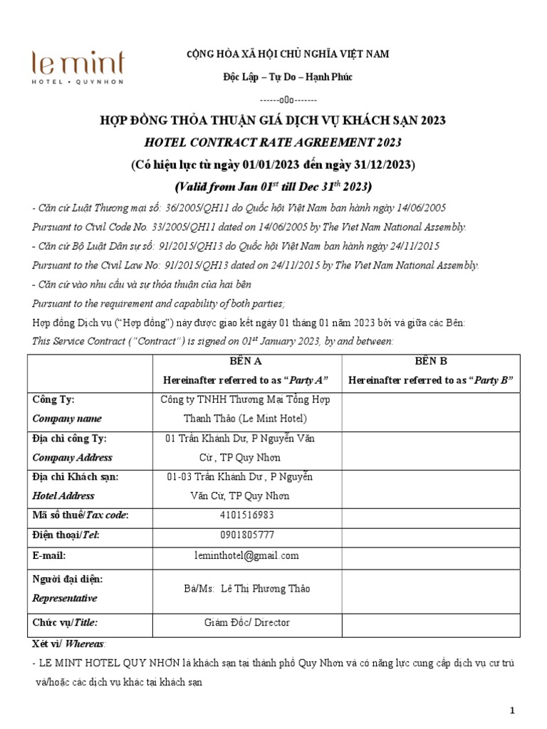 Hợp Đồng Thỏa Thuận Giá Dịch Vụ Khách Sạn 2023 Hotel Contract Rate ...