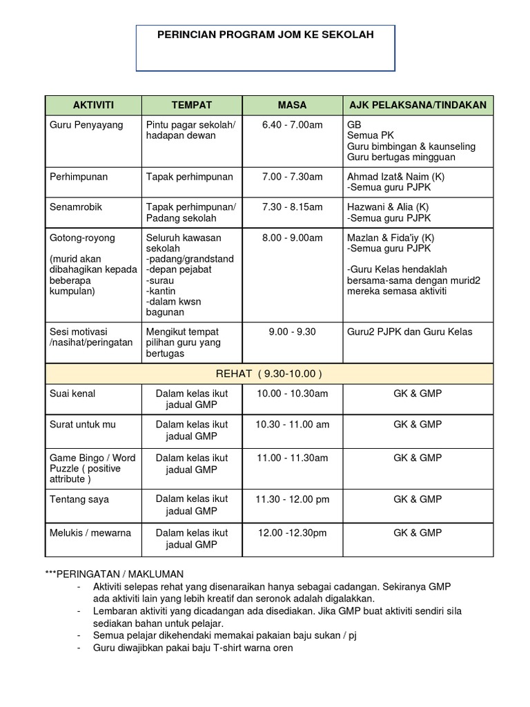 Perincian Aktiviti Jom Ke Sekolah | PDF