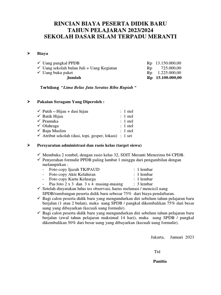 Rincian Biaya Peserta Didik Baru - SD 2023 | PDF