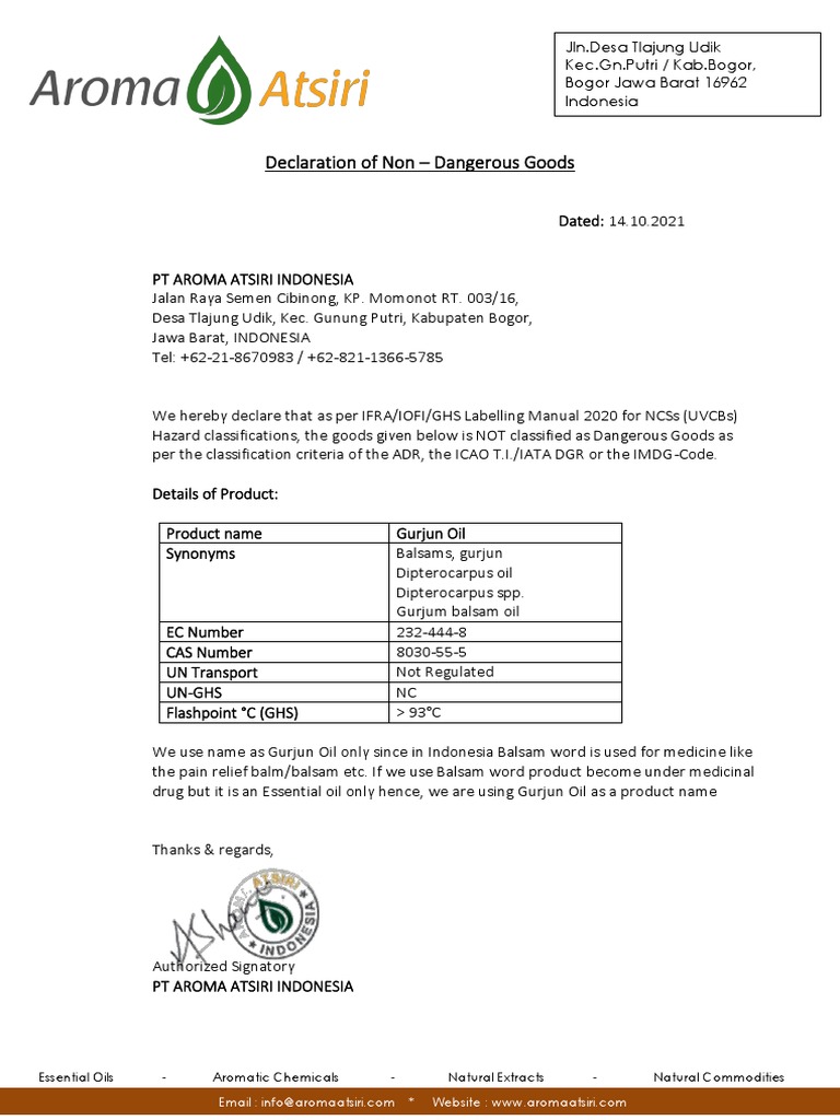 NON-DG LETTER For Gurjun Oil | PDF | Dangerous Goods | Safety