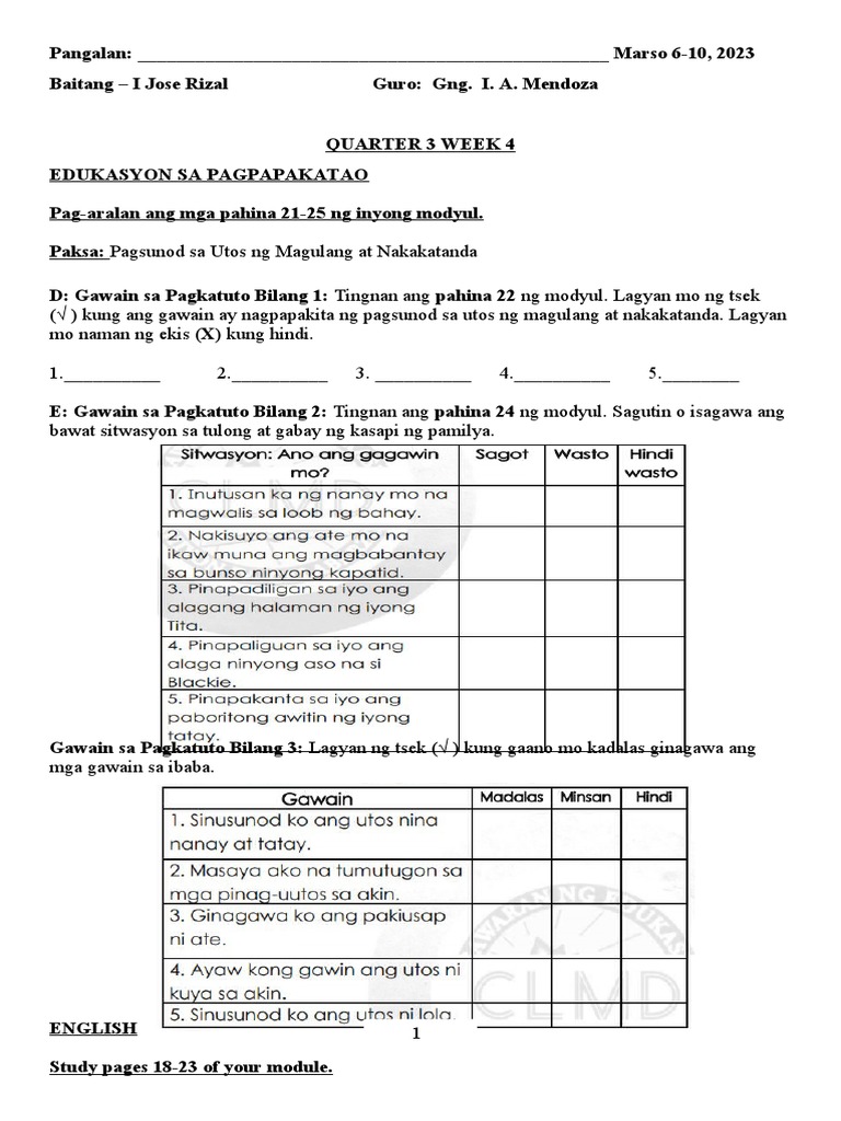 QUARTER 3 Week 4 ANSWER SHEET 1 | PDF