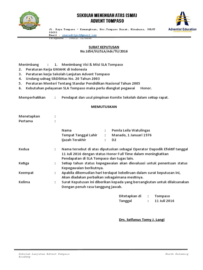 Surat Keputusan dan Penugasan SLA Tompaso | PDF