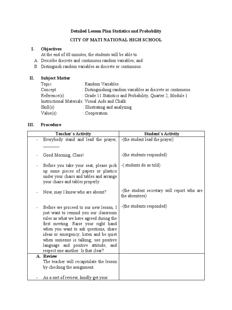 Detailed Lesson Plan Statistics and Probability Lesson 2 | PDF ...