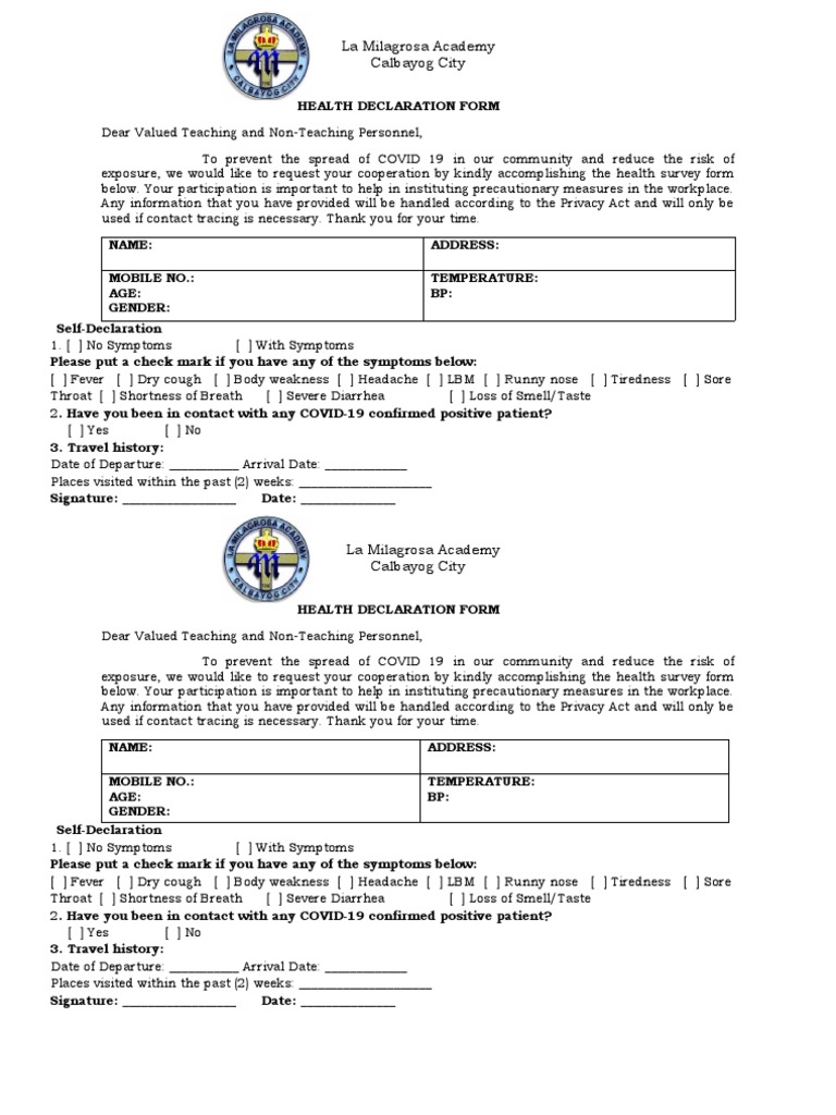 Health Declaration Form | PDF | Public Health | Health Sciences