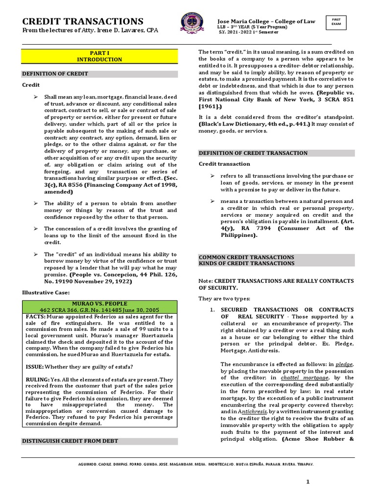 Understanding Credit Transactions | PDF | Loans | Civil Law (Legal System)