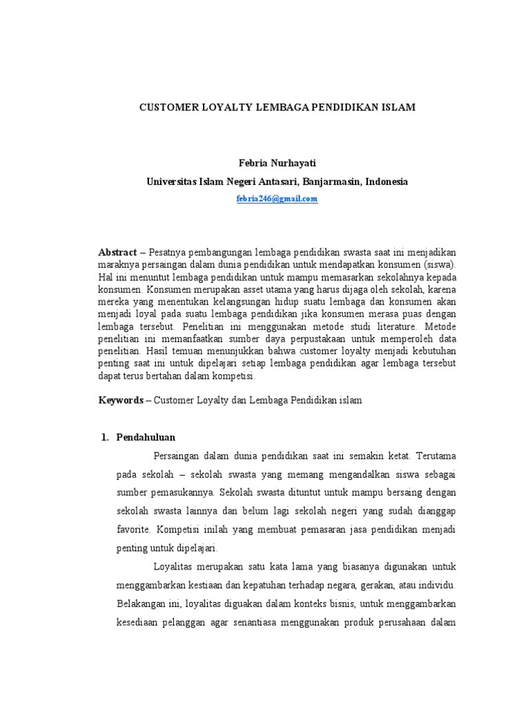 Febria - Customer Loyalty Pada Lembaga Pendidikan Islam - Febria Nurhayati | PDF