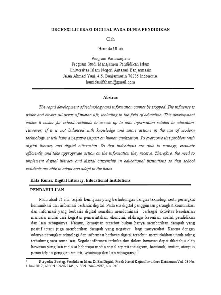Hamida URGENSI LITERASI DIGITAL PADA DUNIA PENDIDIKA1 - Hamida Ulfah | PDF