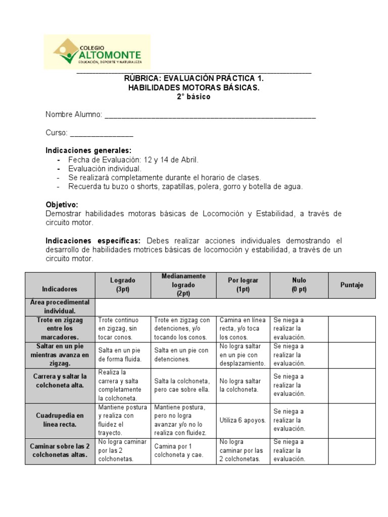 Rúbrica Evaluación 1. 2º Básico. Habilidades Motrices Básicas (L-E) | PDF