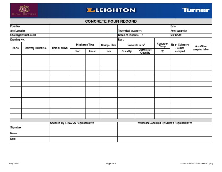 Concrete Pour Record Sheet | PDF