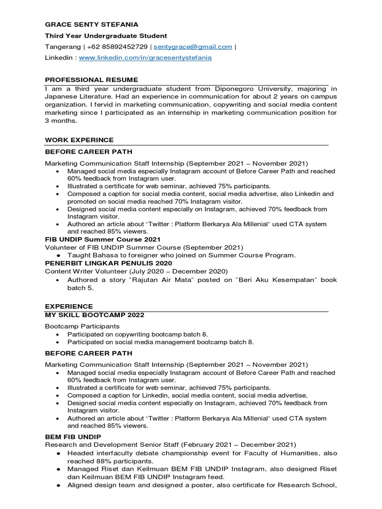 A Comprehensive Resume Showcasing Grace Senty Stefania's Experience in Marketing Communication ...