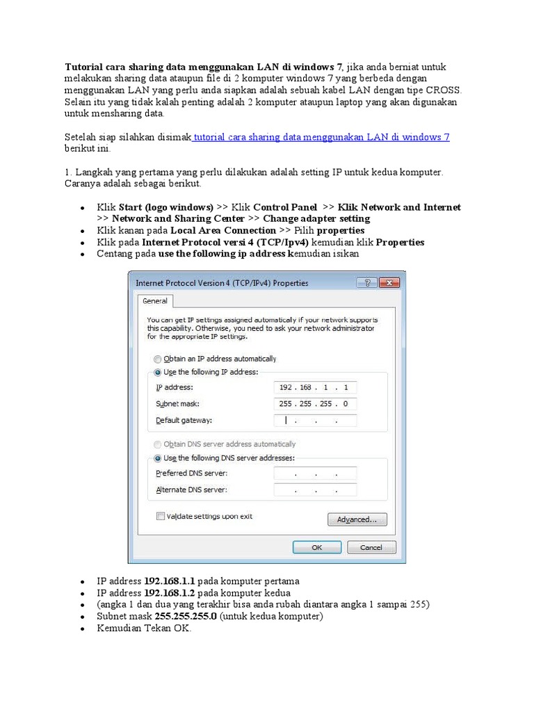Tutorial Cara Sharing Data Menggunakan LAN Di Windows 7 | PDF