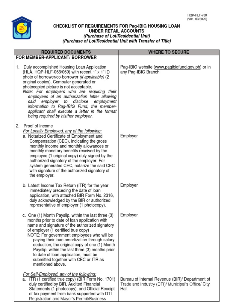 ChecklistRequirementsRetailLotResidential V01 | PDF | Loans | Employment