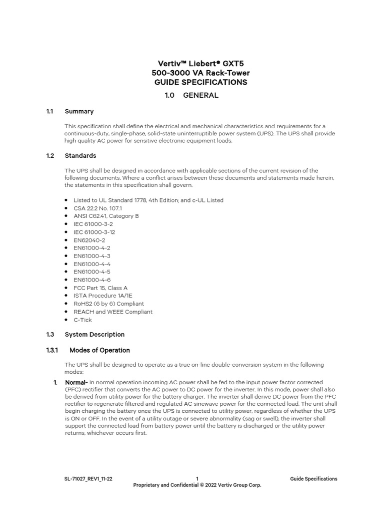 Vertiv Liebert gxt5 500 3000 Va Rack Tower Guide Specifications SL ...