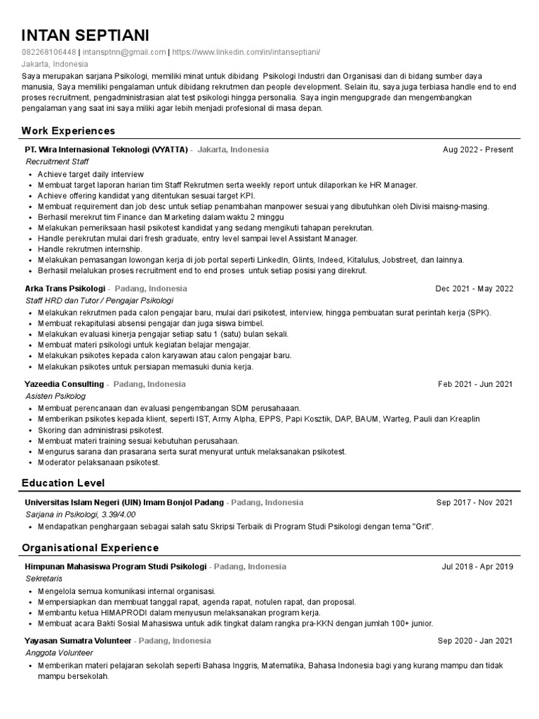 CV - Intan Septiani | PDF
