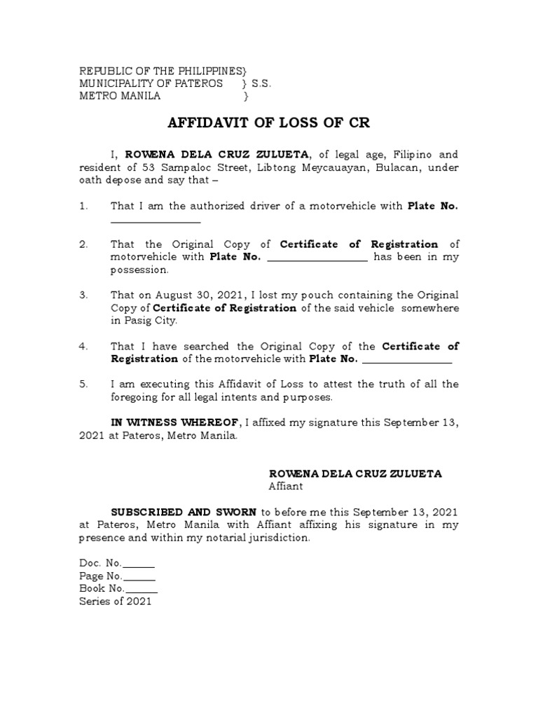 Affidavit of Loss - ORCR - Blank | PDF