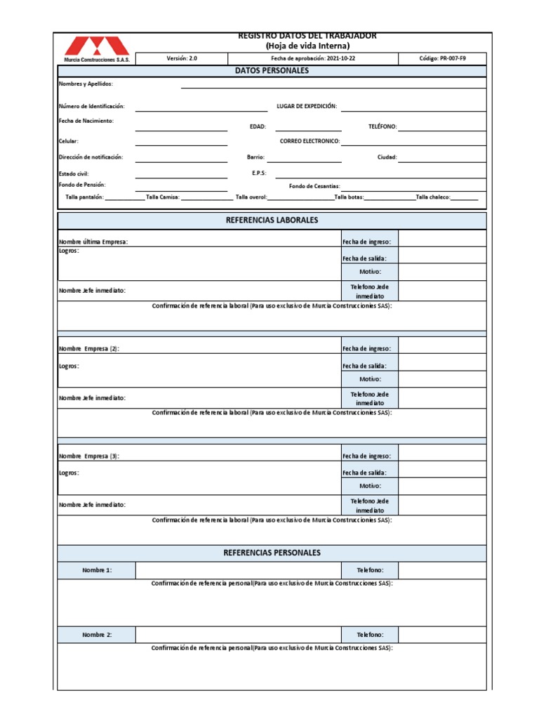 PR-007-F9 Registro Datos Trabajador | PDF