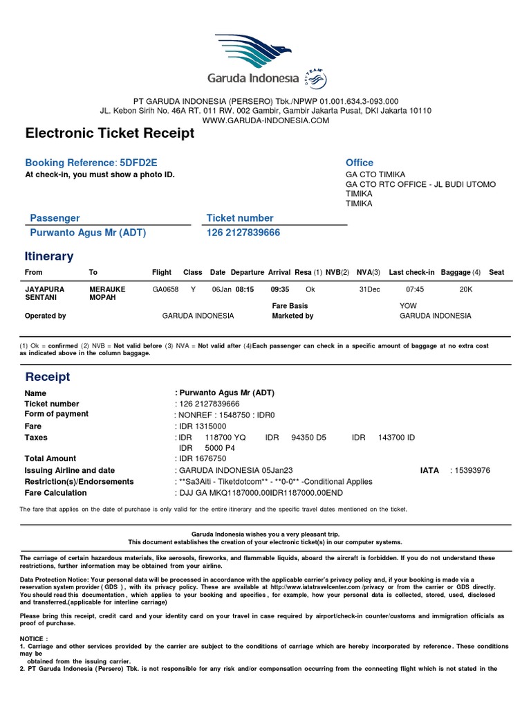 Your Electronic Ticket Receipt (1) Garuda | PDF | Dangerous Goods ...