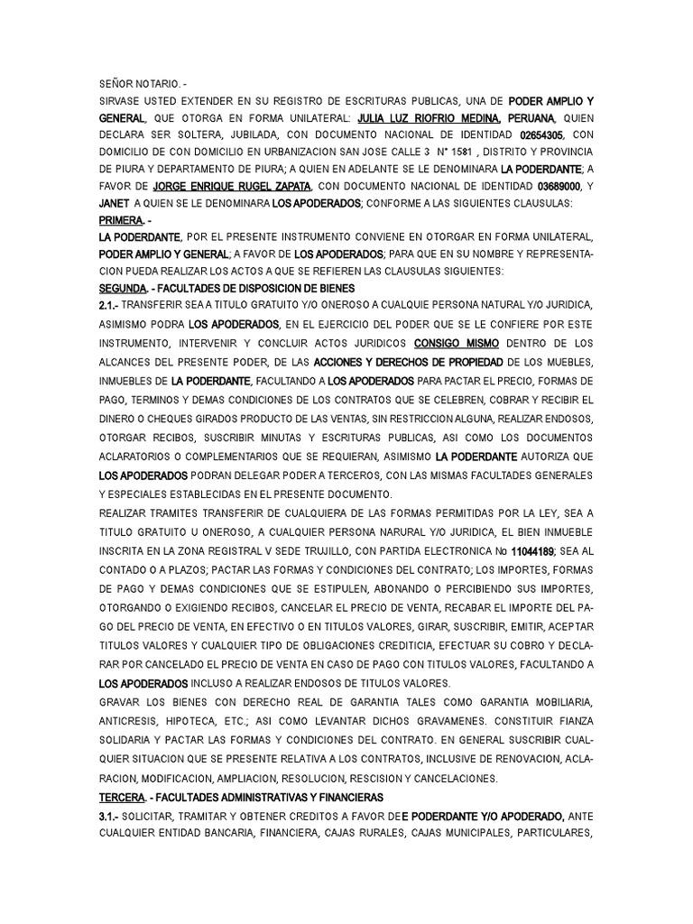 Poder Notarial Amplio y General | PDF | Pagaré | Bancos
