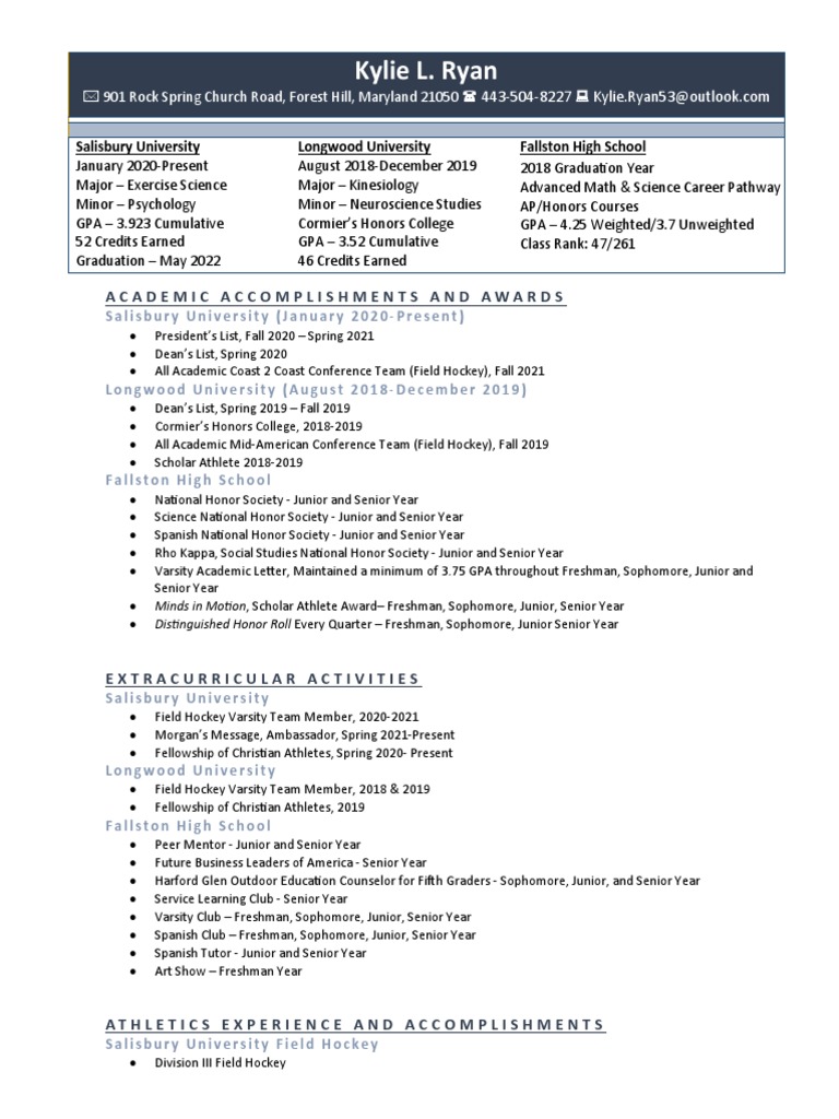 Kylie L. Ryan's Resume Highlighting Academic and Athletic ...