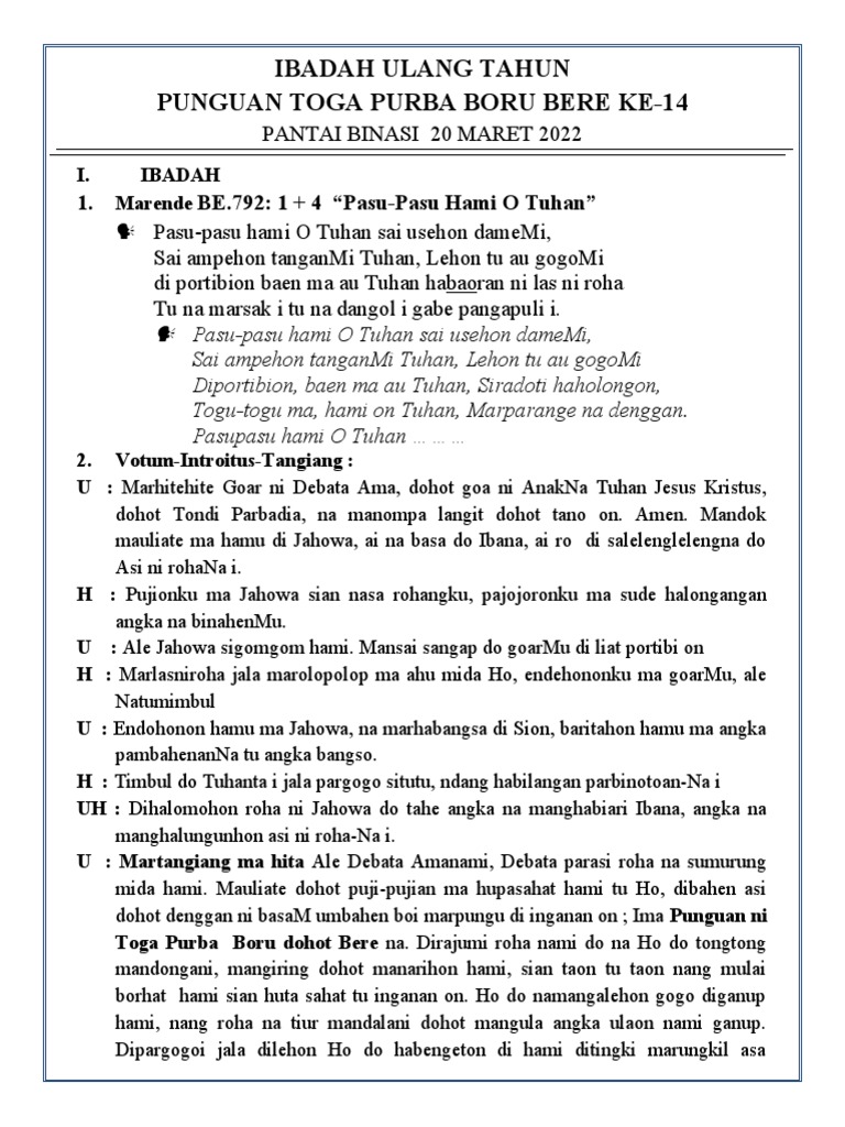 Tertib Acara Ulang Tahun Punguan Toga Purba Boru Bere 2022 | PDF