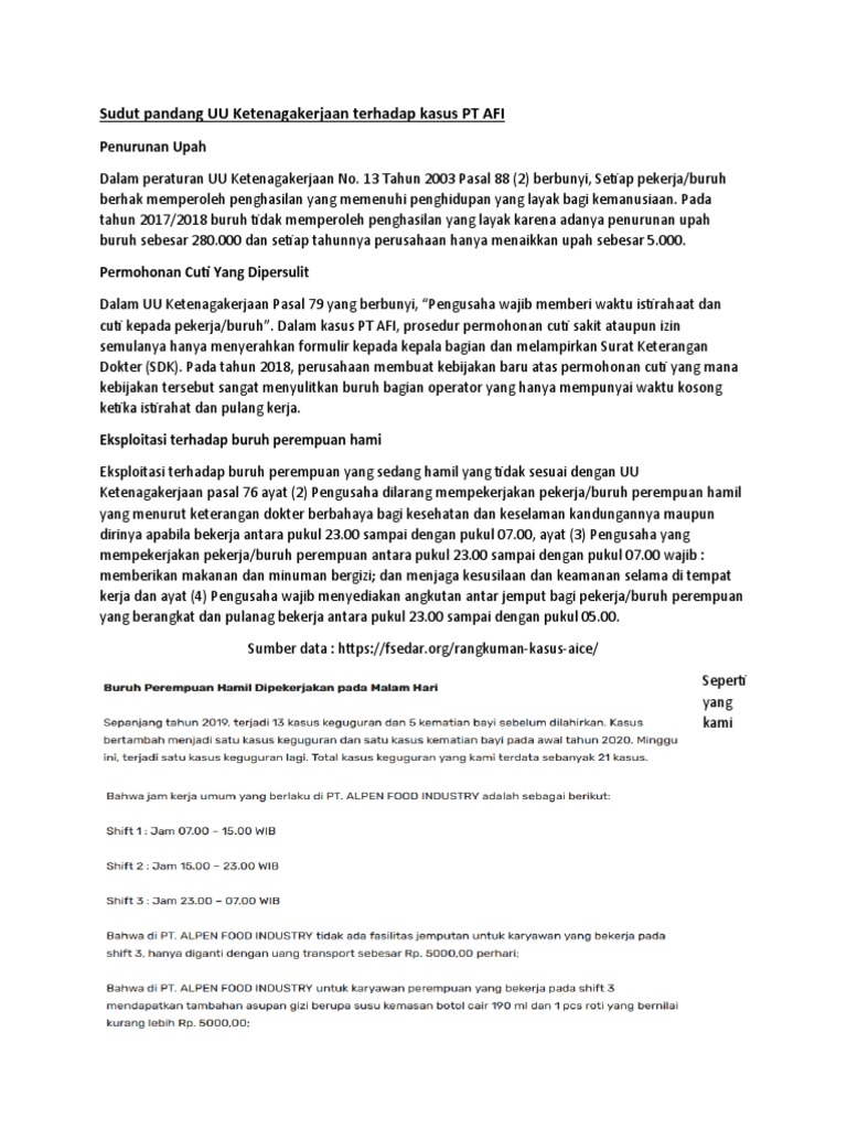 Sudut Pandang UU Ketenagakerjaan Terhadap Kasus PT AFI | PDF