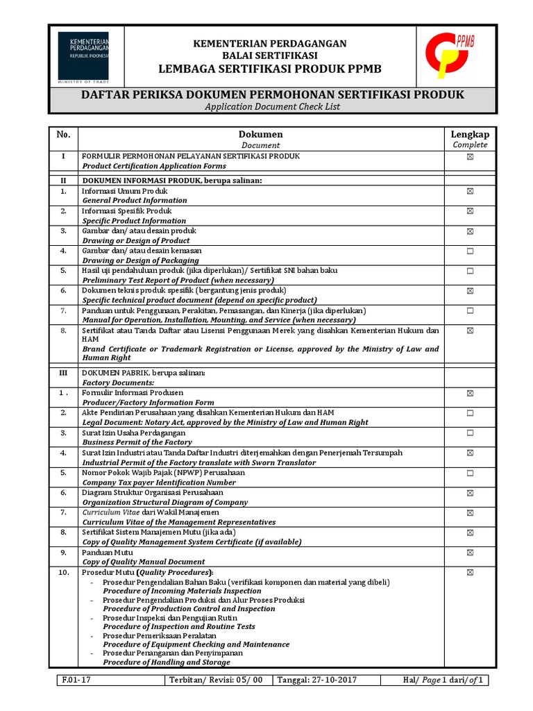 SNI Application Documents Checklist EN System 5 - Tire | PDF
