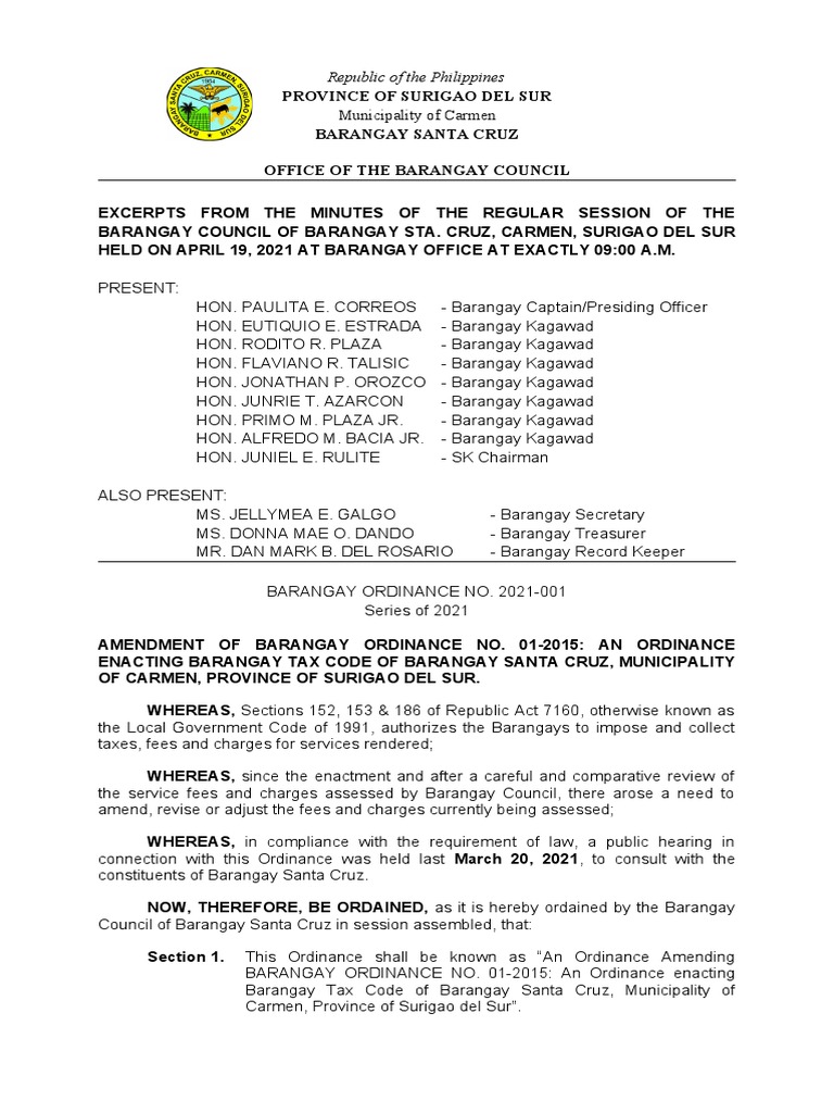 Barangay Ordinance 2020-001 | PDF