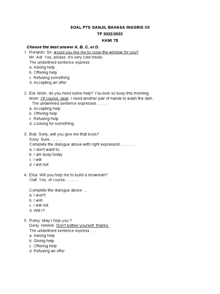 Choose The Best Answer A, B, C, or D.: Soal Pts Ganjil Bahasa Inggris Xii TP 2022/2023 KKM: 75 | PDF