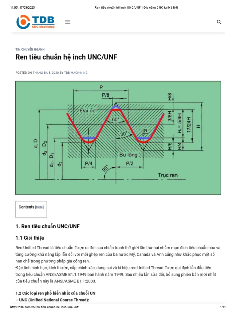 Ren tiêu chuẩn hệ inch UNC - UNF - Gia công CNC tại Hà Nội PDF | PDF