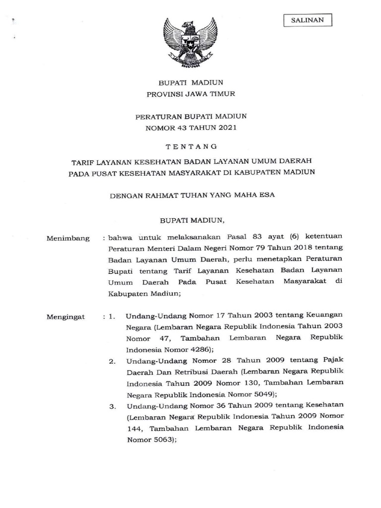 PERBUB 43 TARIF PUSKESMAS BLUD TAHUN 2021 PER 1 OKT 2021 - Compressed-2 | PDF