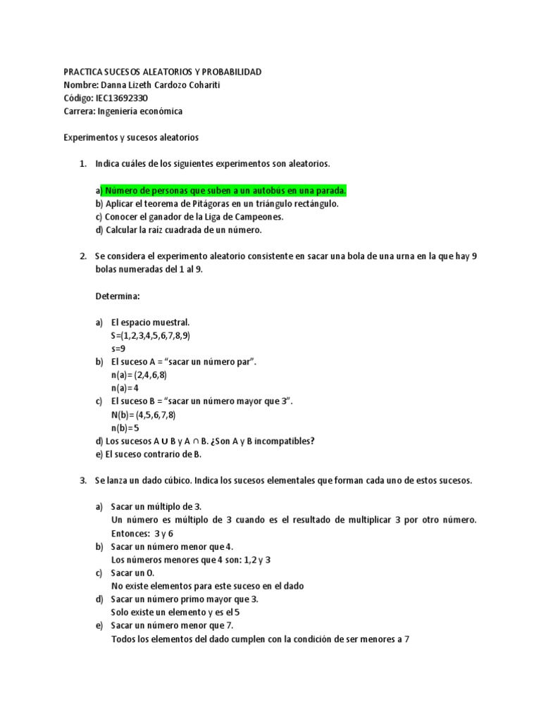 Tarea 2 Practica Sucesos Aleatorios y Probabilidad | PDF | Probabilidad | Probabilidades y ...